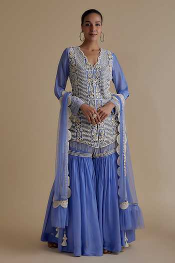 Buy Blue Silk Organza Embroidery Pearl Scallop V Neck Kurta Set For ...