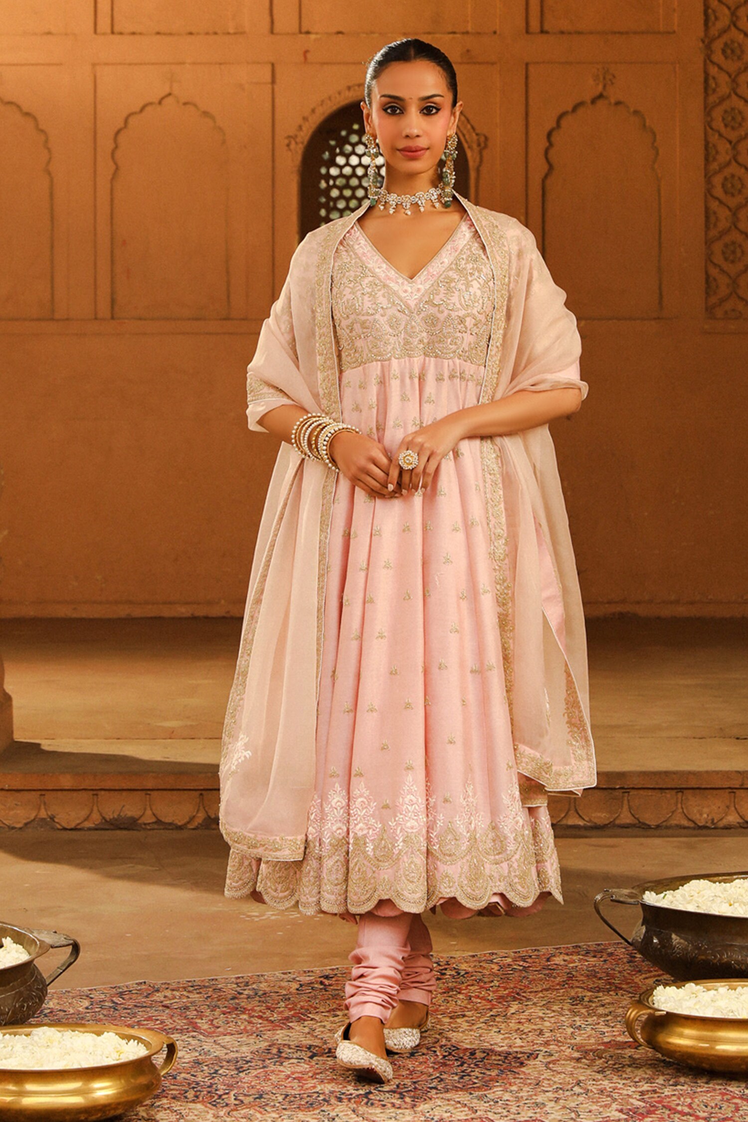 Buy Pink Kurta Silk Chanderi Embroidered Kashmiri Wasifa Anarkali Set ...