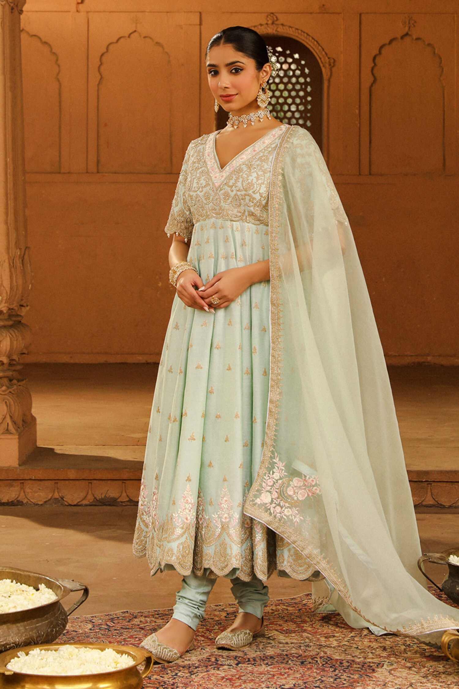 Buy Green Kurta Silk Chanderi Embroidered Wasifa Parsi Gara Anarkali ...
