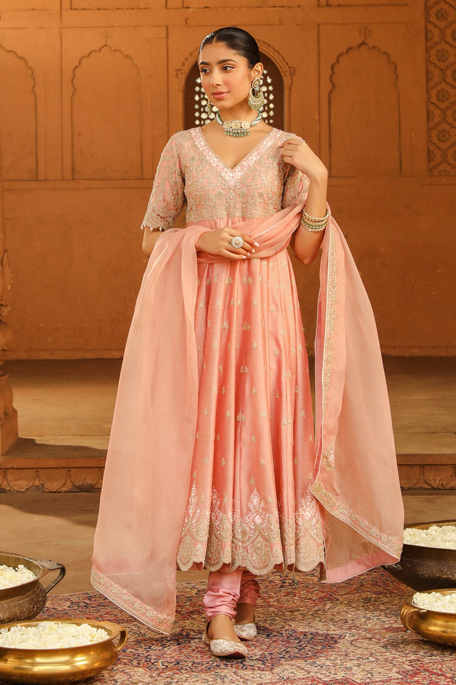 Buy Pink Kurta Silk Chanderi Wasifa Parsi Gara Work Anarkali Set For ...