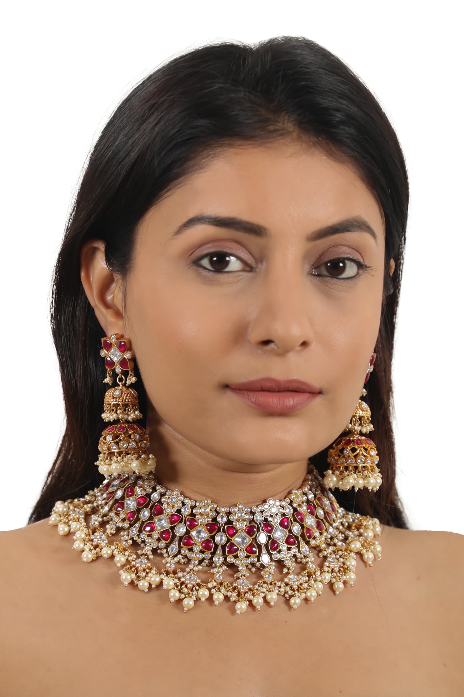 Buy Pink Real Jadtar Stones Embellished Bridal Necklace Set by Riana ...