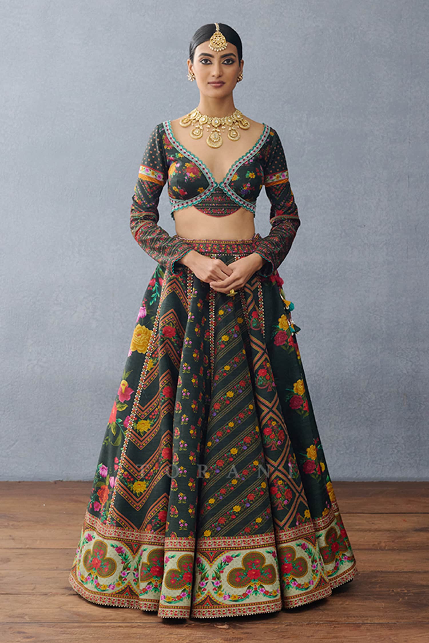 Buy Green Jeni Silk Printed Floral Dil Shaad Rukmani Lehenga Set For ...