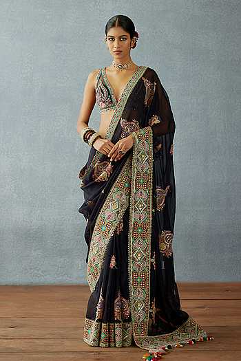 Buy Black Organza Embroidered Floral Leaf Dil Shaad Farehat Saree For ...