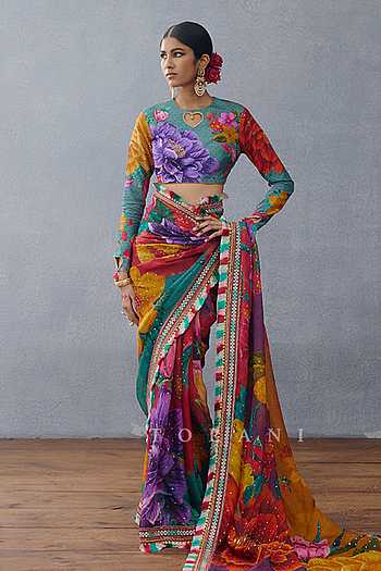 Buy Multi Color Raw Silk Digital Print Phool Dil Rang Nigar Saree ...