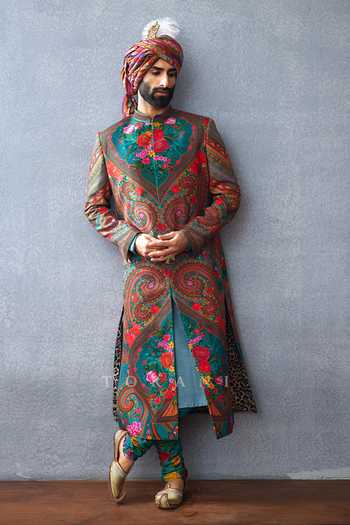 Buy Multi Color Jeni Silk Printed Paisley Dil Nawaz Riyaz Sherwani Set ...