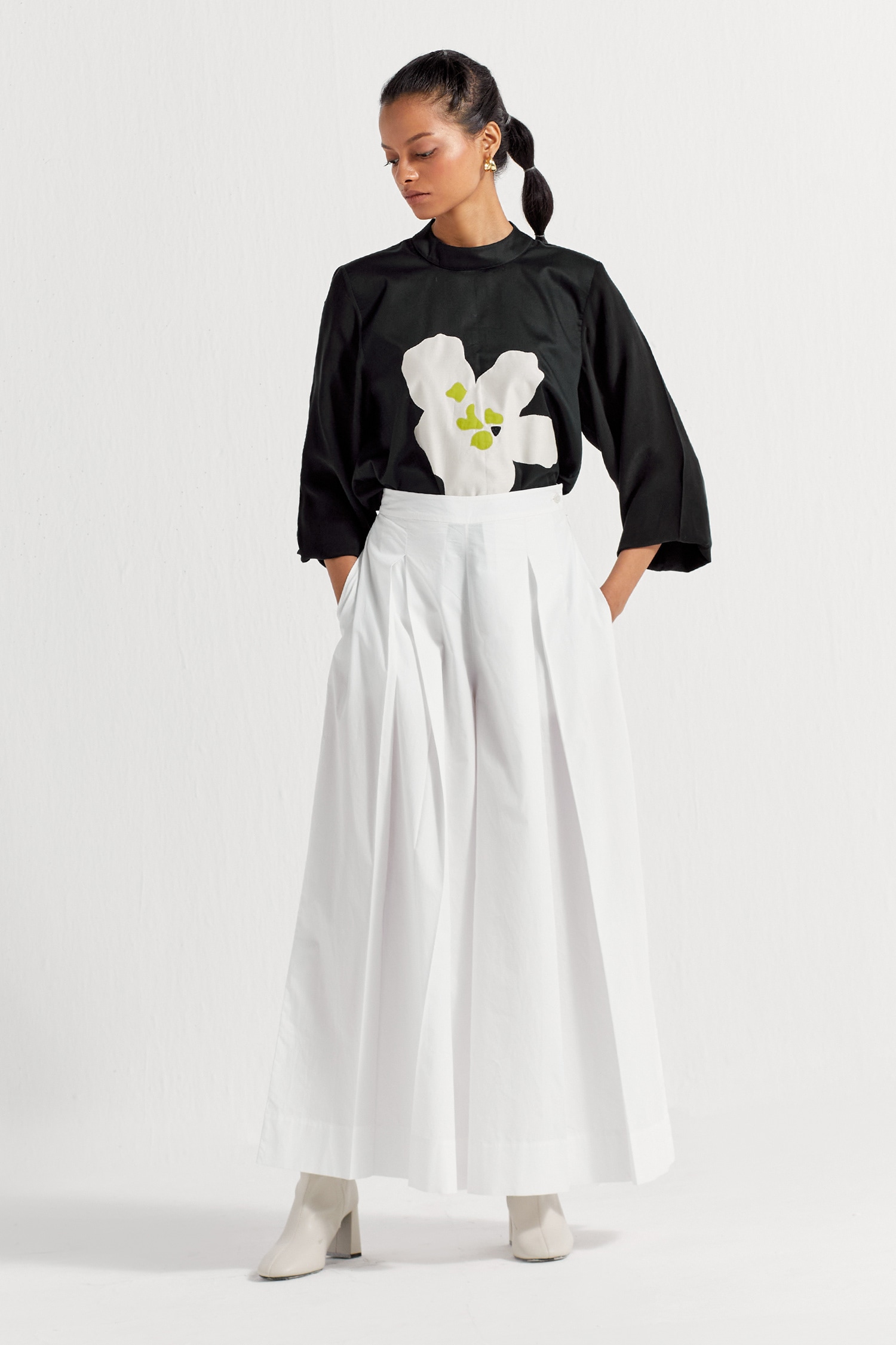 Buy Black 100% Cotton Poplin Applique Floral High Collar Top For Women ...