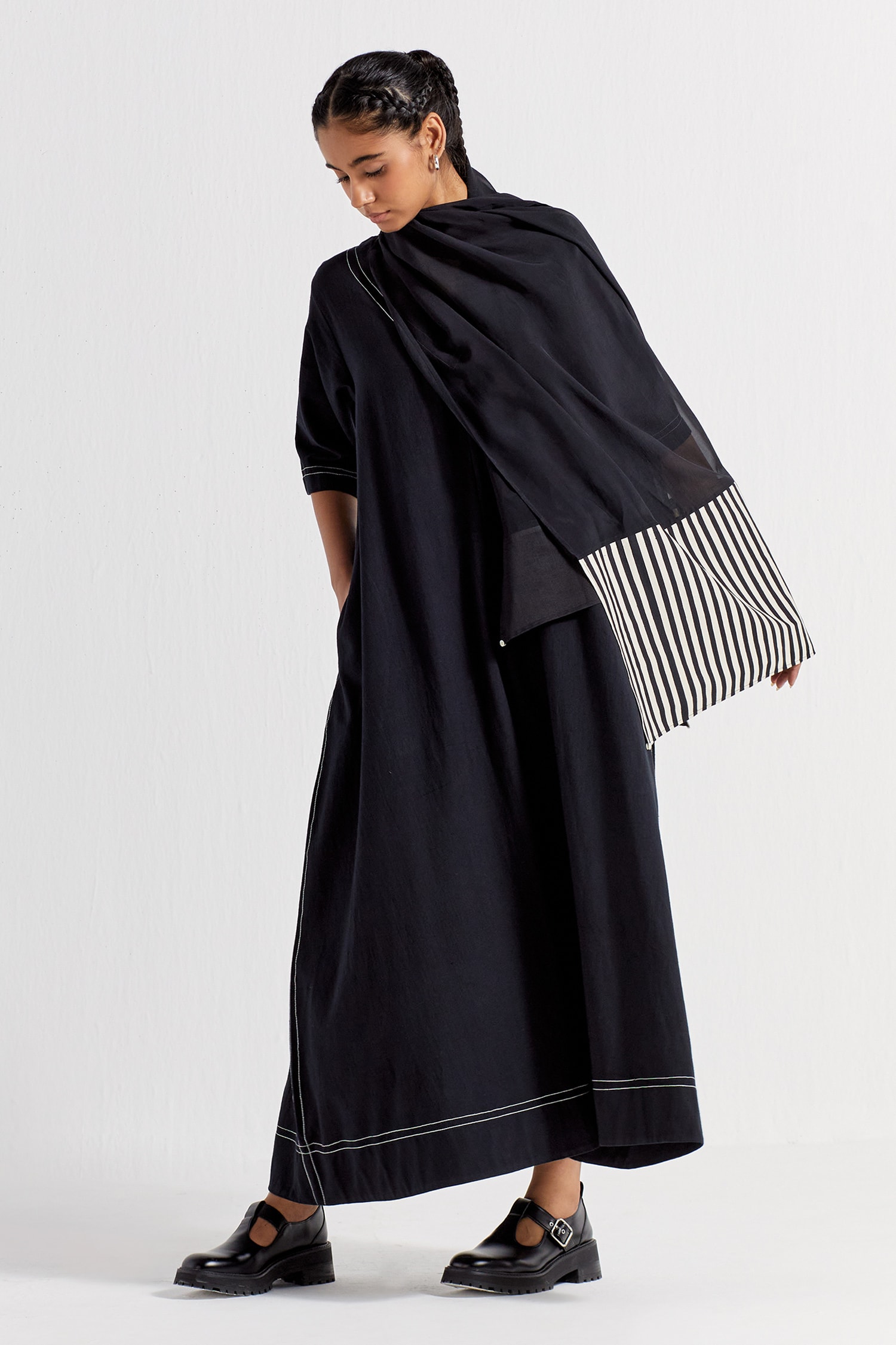 Buy Black Stripe Pattern Panelled Scarf by THREE Online at Aza Fashions.