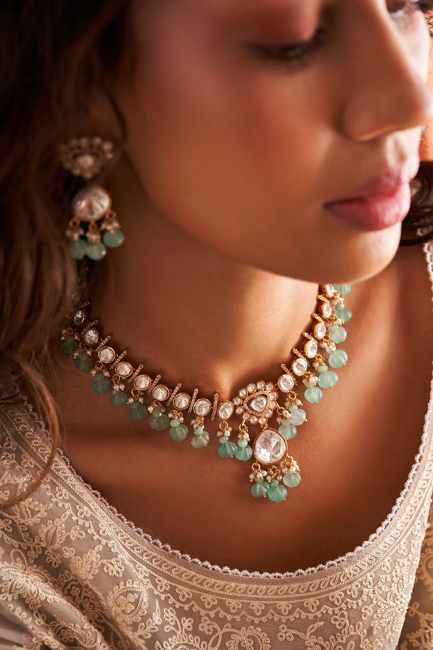 Buy Green Moissanite Menka Embellished Choker Necklace Set by PREETI ...