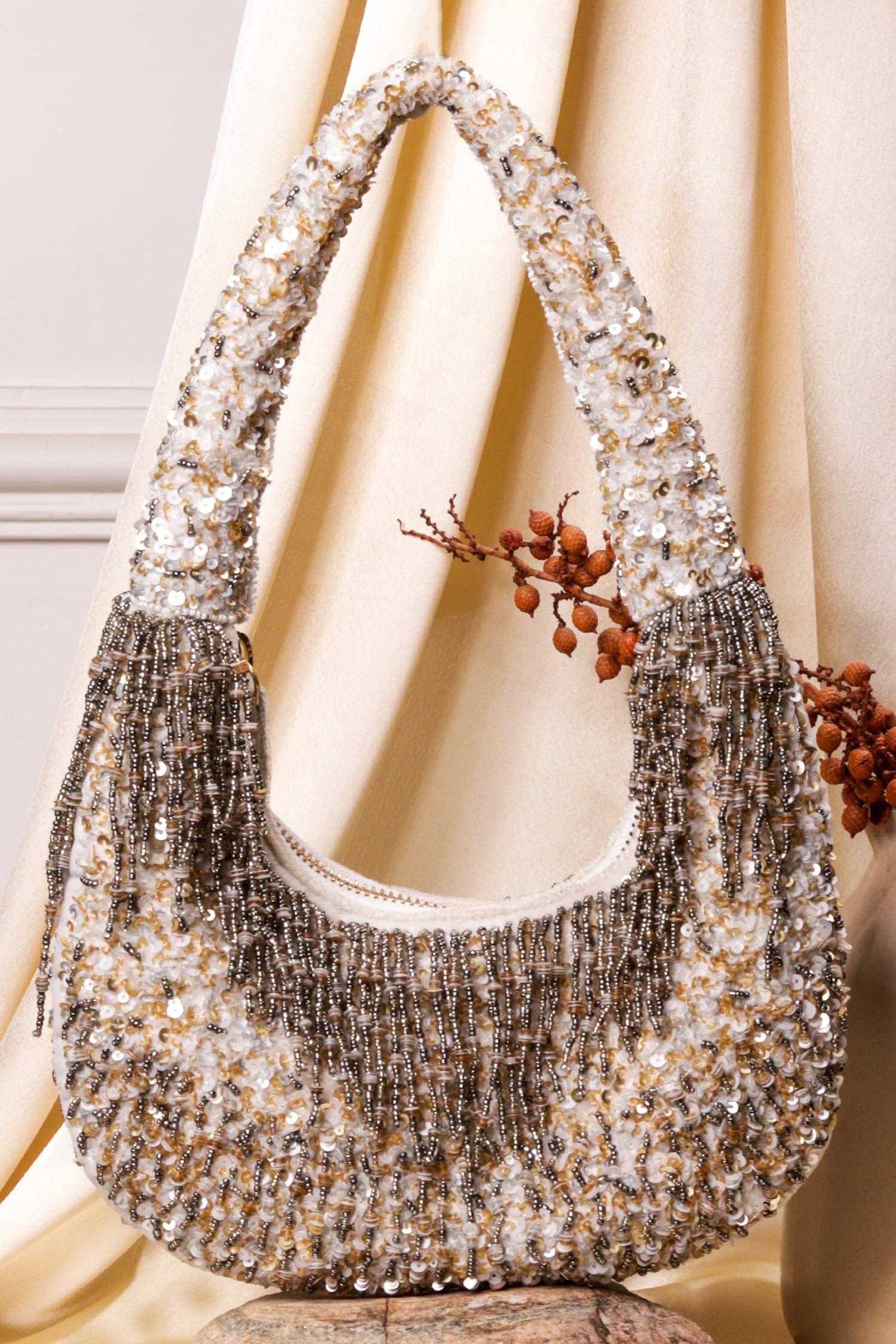 Buy White Bead Moon Shaped Hand Embroidered Clutch Bag by The Purple ...