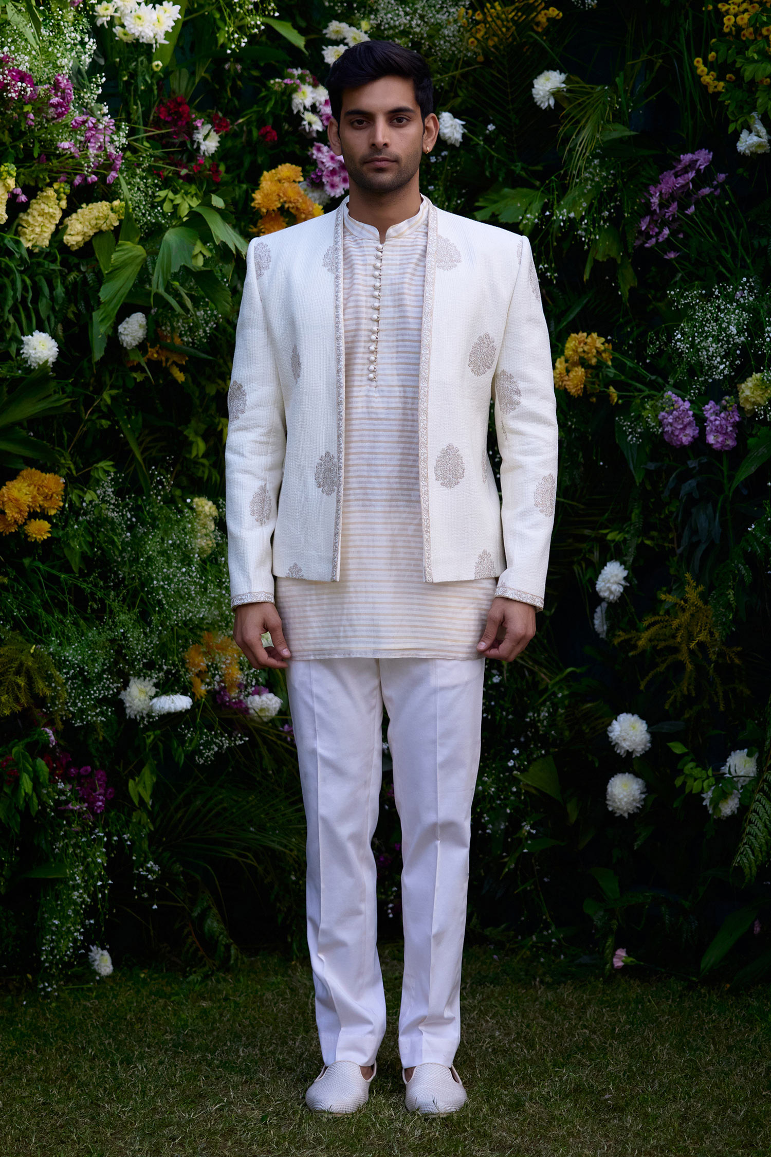 Buy White Silk Embroidered Striped Zari Jacket Kurta Set For Men by ...