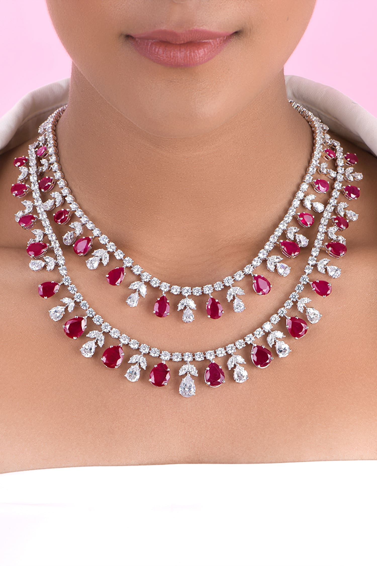 Buy Red Ruby Swarovski Zirconia Embellished Layered Necklace by DIOSA ...