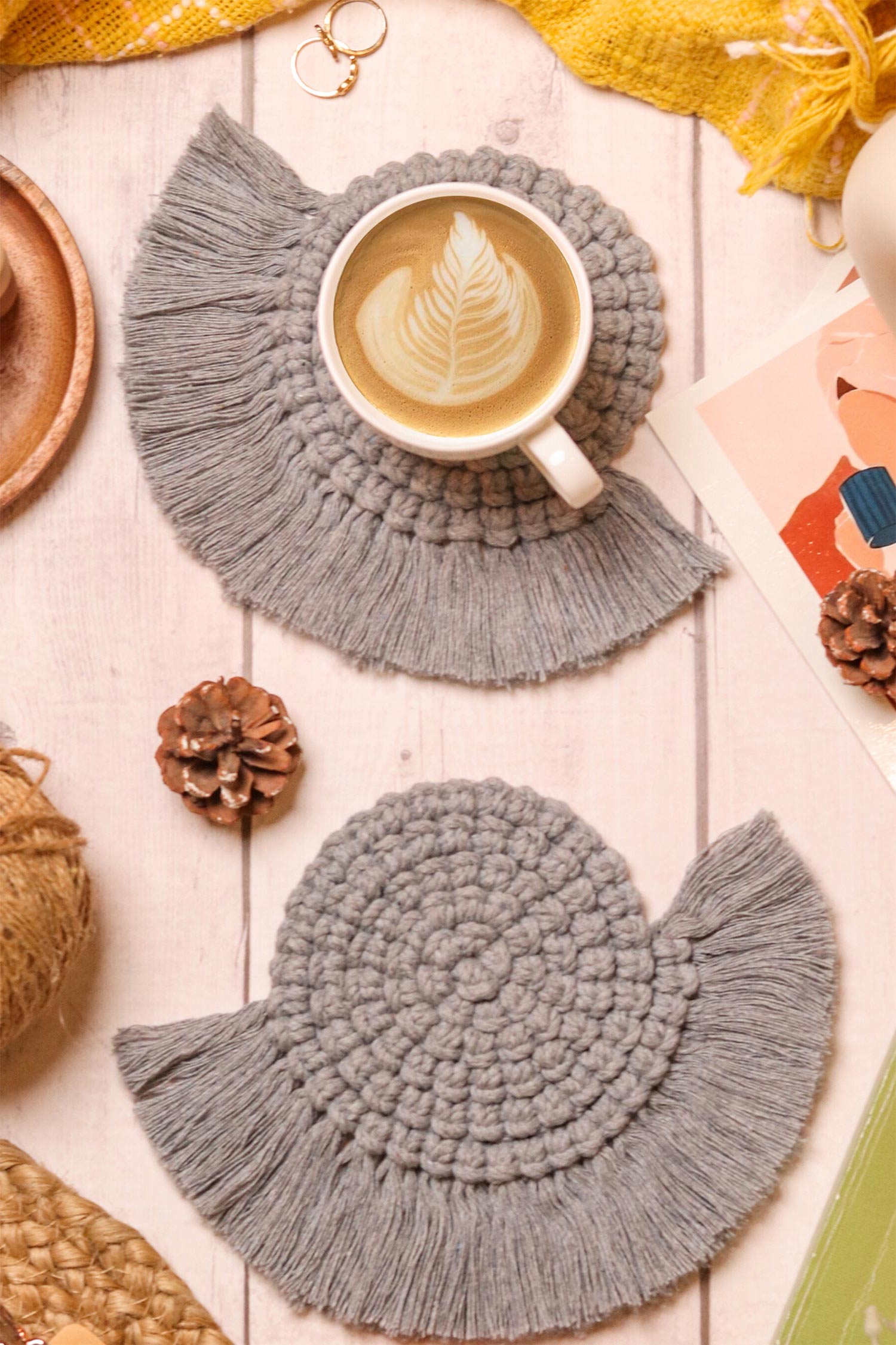Buy Grey Natural Cotton Thread Sass Hand Woven Coaster 4 Pcs Set by ...