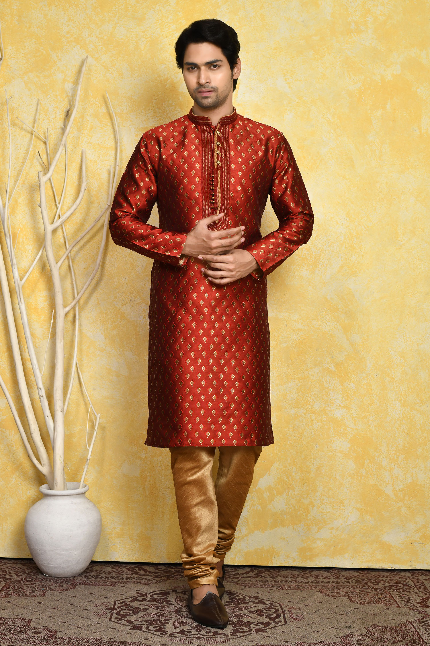 Buy Red Kurta Art Silk Woven Geometric Pattern With Churidar For Men by ...