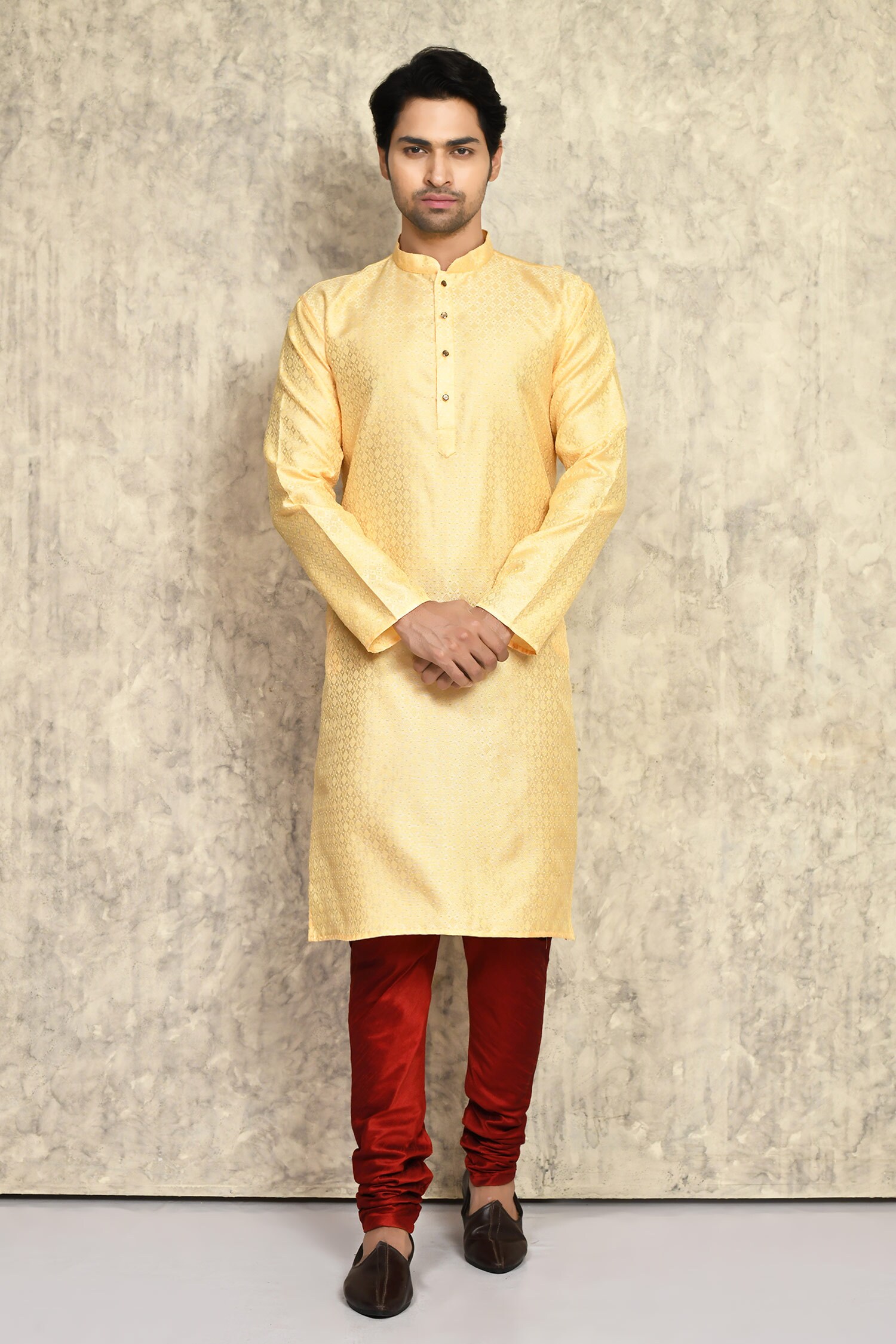 Buy Gold Art Silk Woven Geometric Jaal Kurta Set For Men by Arihant Rai ...