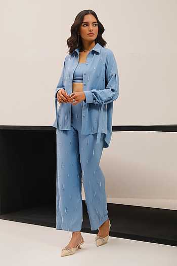 Buy Blue Butter Crepe Hand Embroidery Crystals Paris Shirt Pant Set For ...