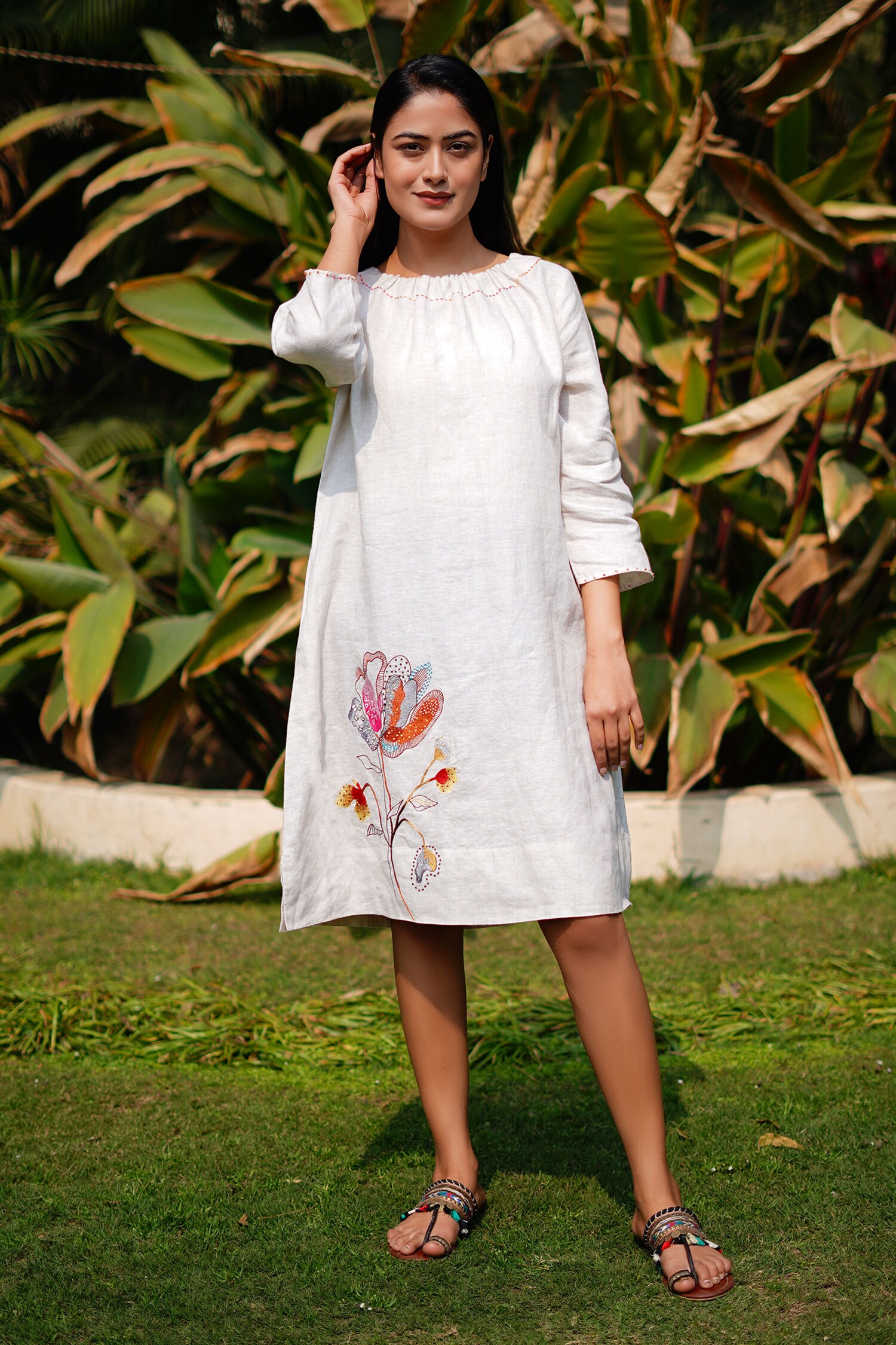Buy Beige 100% Linen Embroidered Flower Round Dress For Women by Linen ...