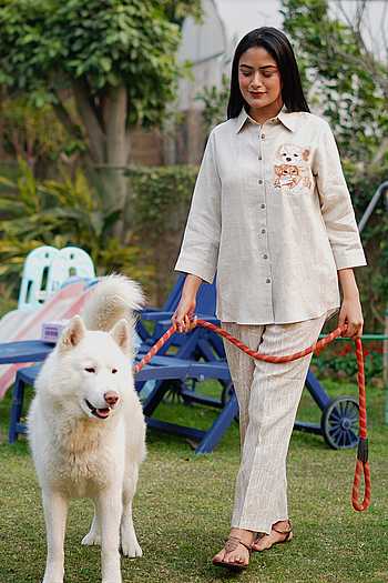 Buy Beige 100% Linen Embroidered Dog And Cat Collar & Shirt For Women ...