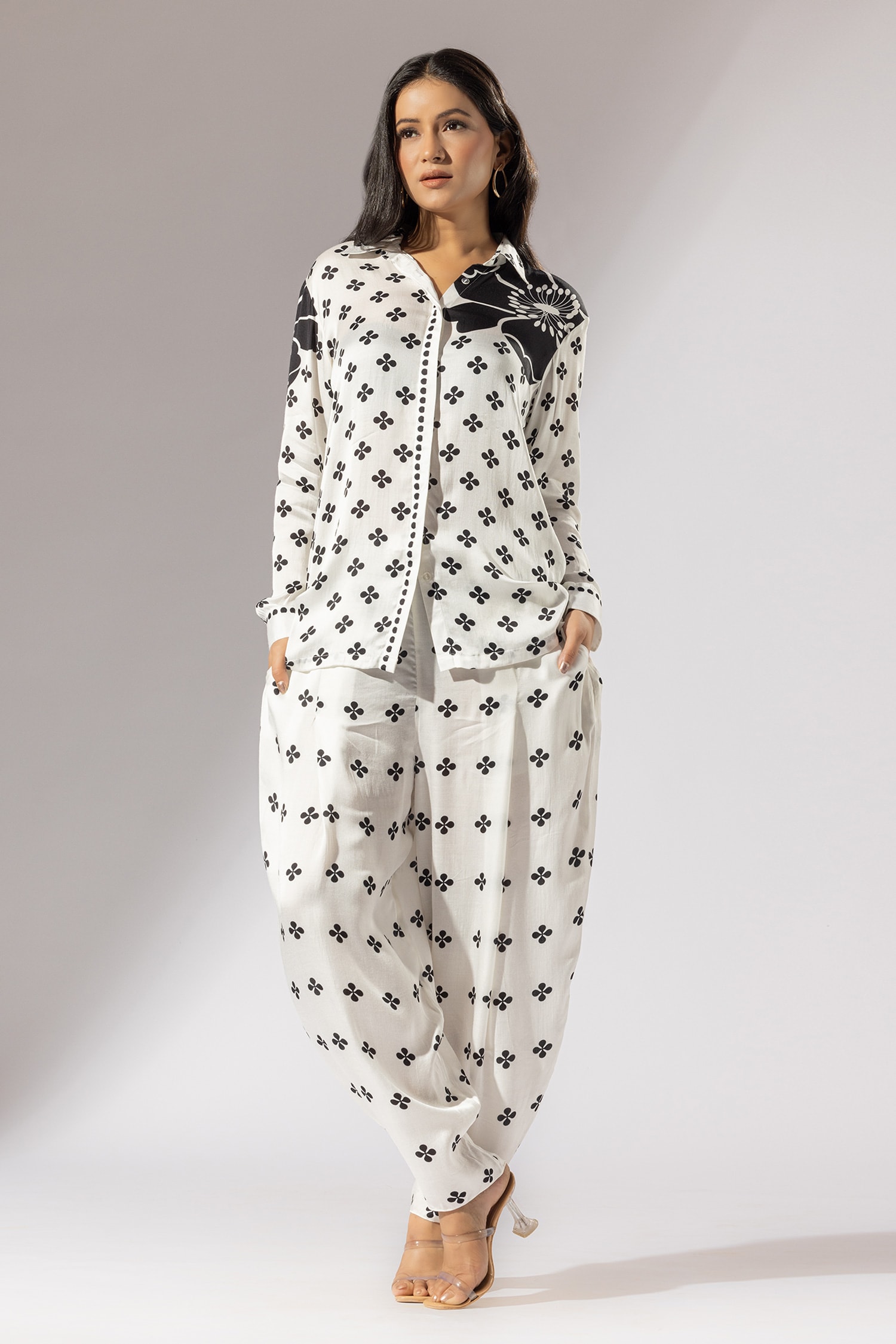 Buy Ivory Silk Satin Print Clover Blossom Collar Shirt With Salwar Pant ...