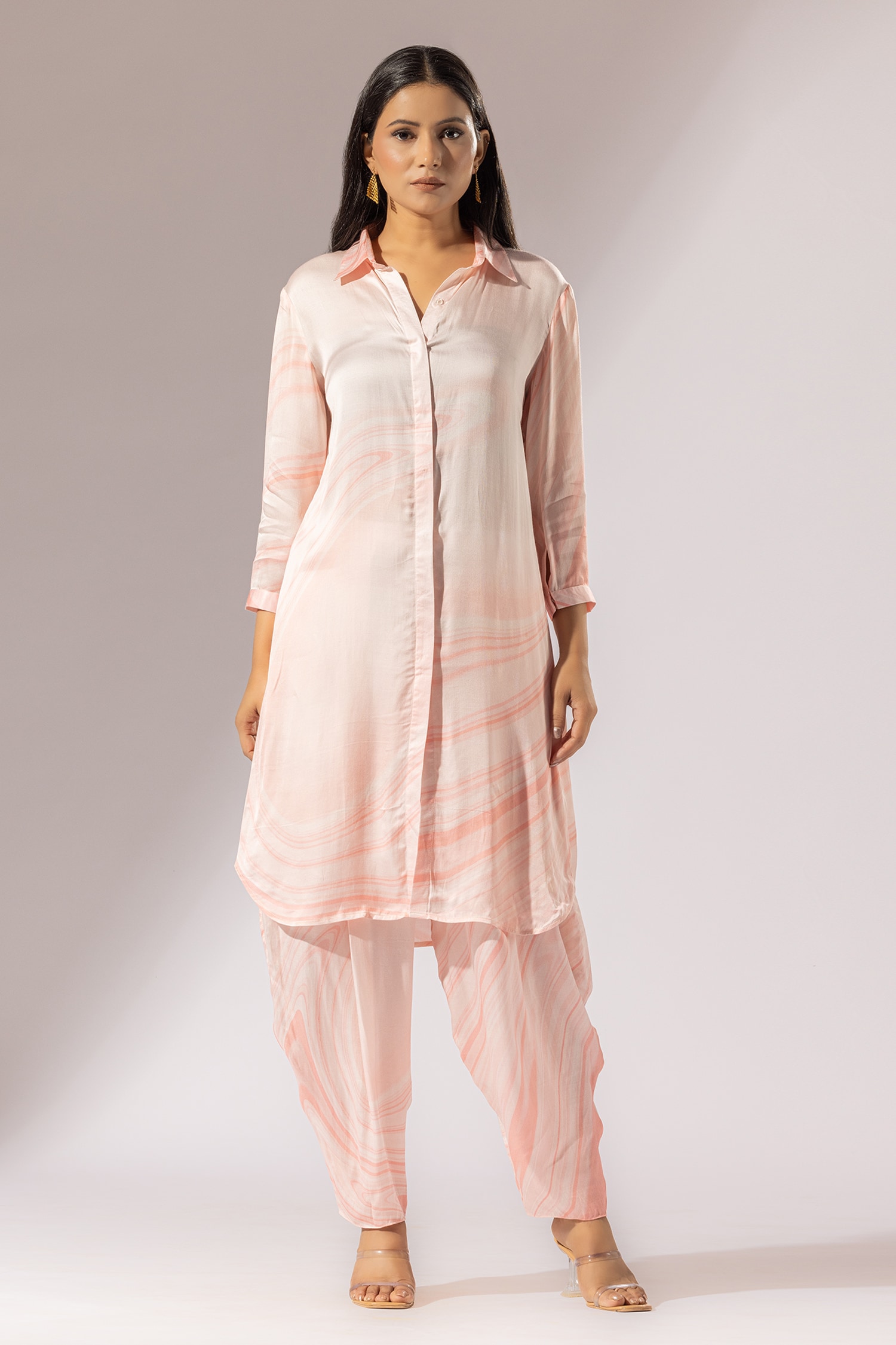Buy Pink Silk Satin Print Marble Swerve Collar Kurta With Salwar Pant ...