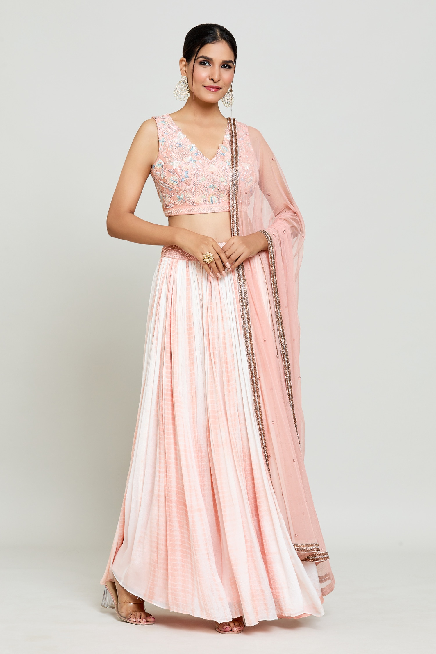 Buy Peach Raw Silk Hand Embellished Resham V Neck Tie-dye Lehenga Set ...