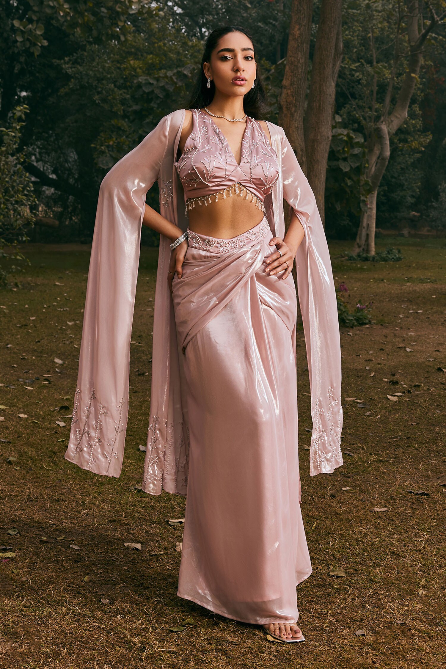 Buy Pink Satin Embroidered Bead V Neck Amina Jacket Lehenga Set For Women by SAANJH BY LEA ...