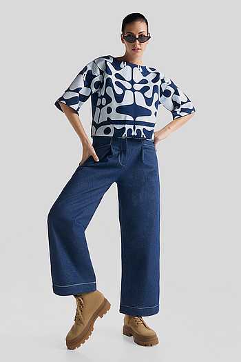 Buy Blue Denim Solid Pleated Pant For Women by Ekastories Online at Aza ...