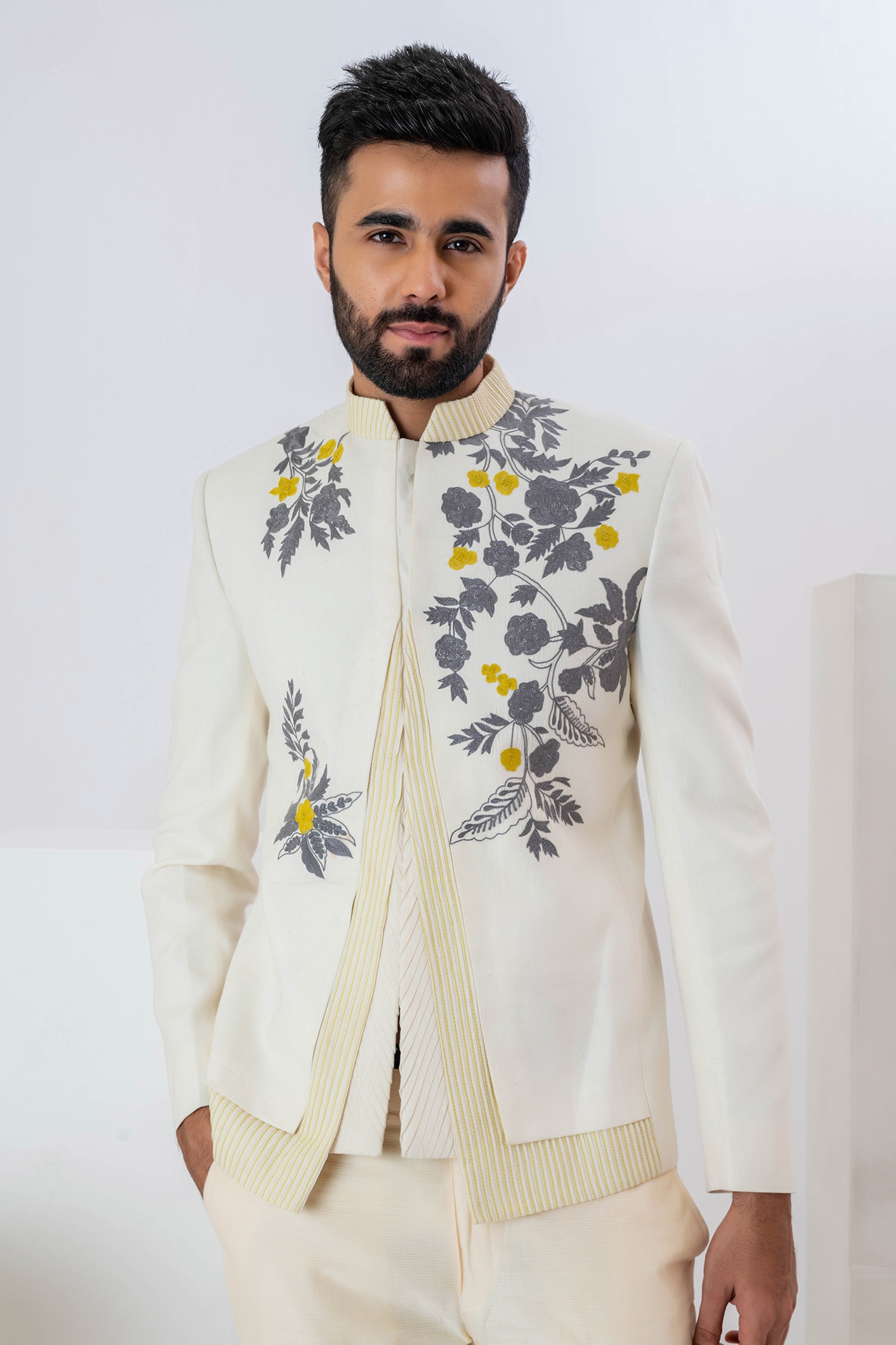 Buy Ivory Handwoven Matka Silk Embroidery Thread Celeste Bloom Jacket ...