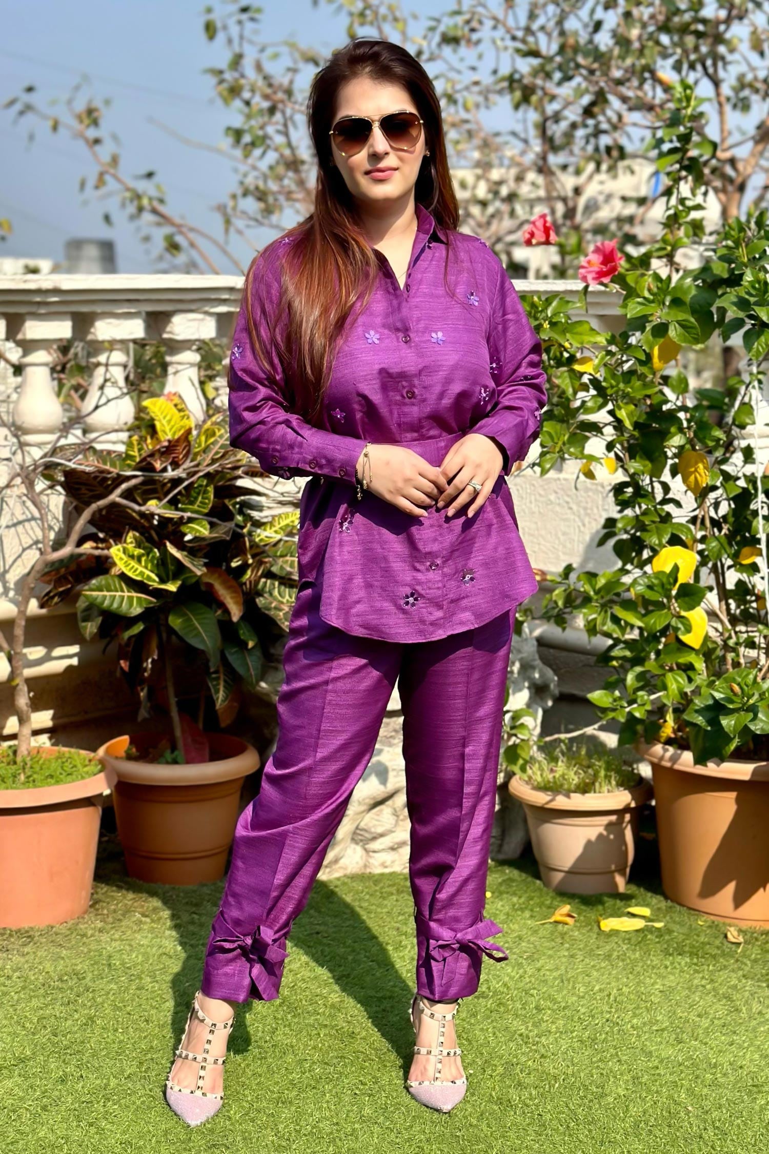 Buy Purple Matka Silk Embroidered Acrylic Glass Floral Shirt With Pant ...