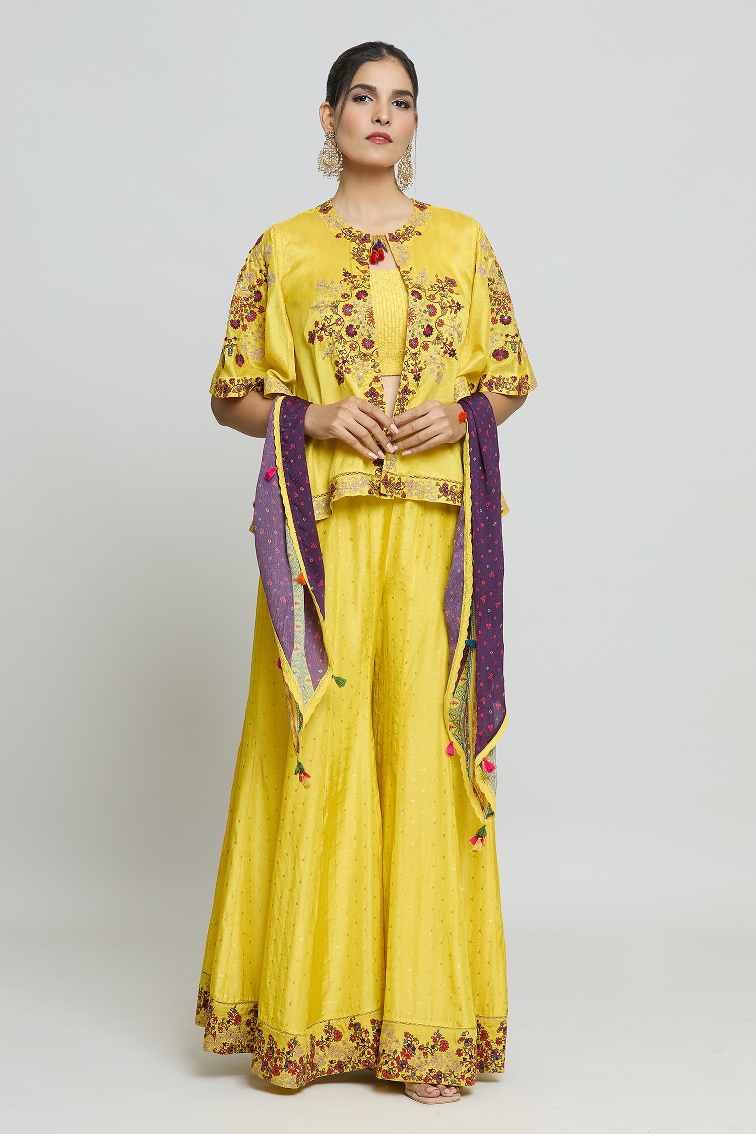 Buy Yellow Slub / Banarasi Cotton Thread Cape Palazzo Set For Women by ...