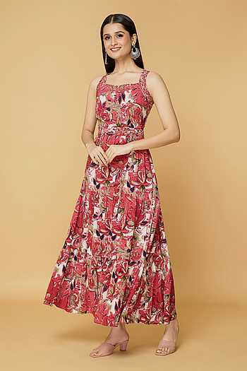 Buy Multi Color Muslin Embellished Mirror Floral Print Tiered Maxi ...
