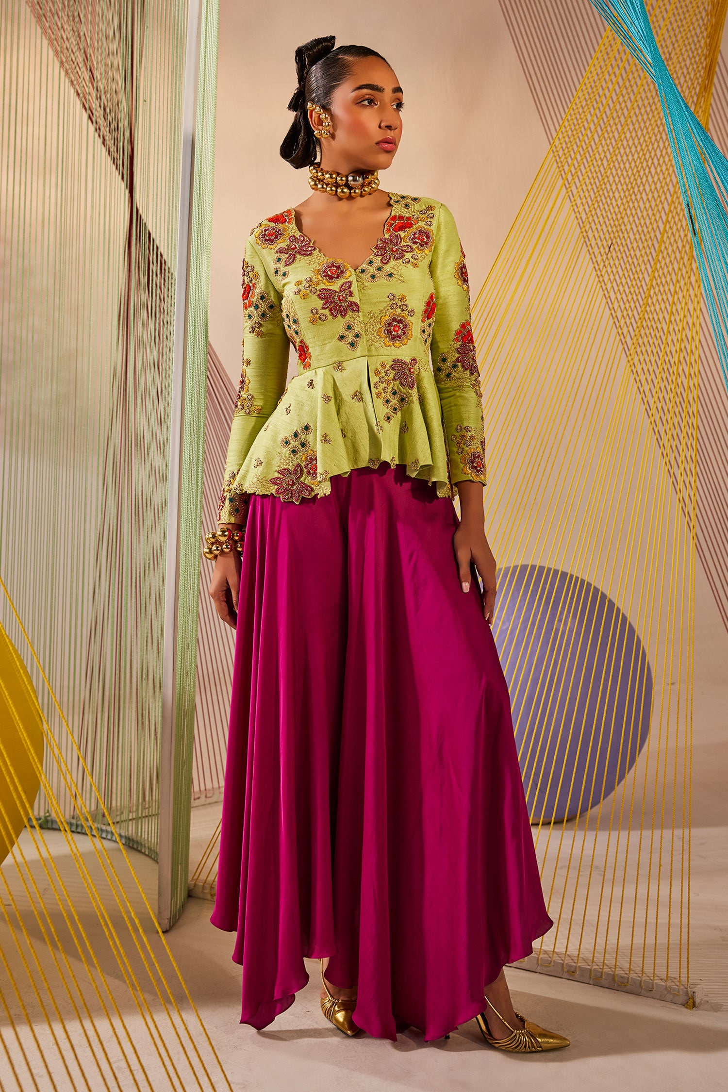 Buy Green Jacket Raw Silk Hand Embroidered Resham V Neck And Pant Set ...