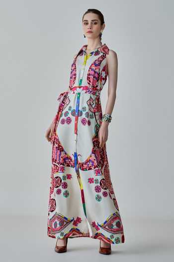 Buy Ivory Satin Print Paisley Collared Neck Ella Dress With Belt For ...