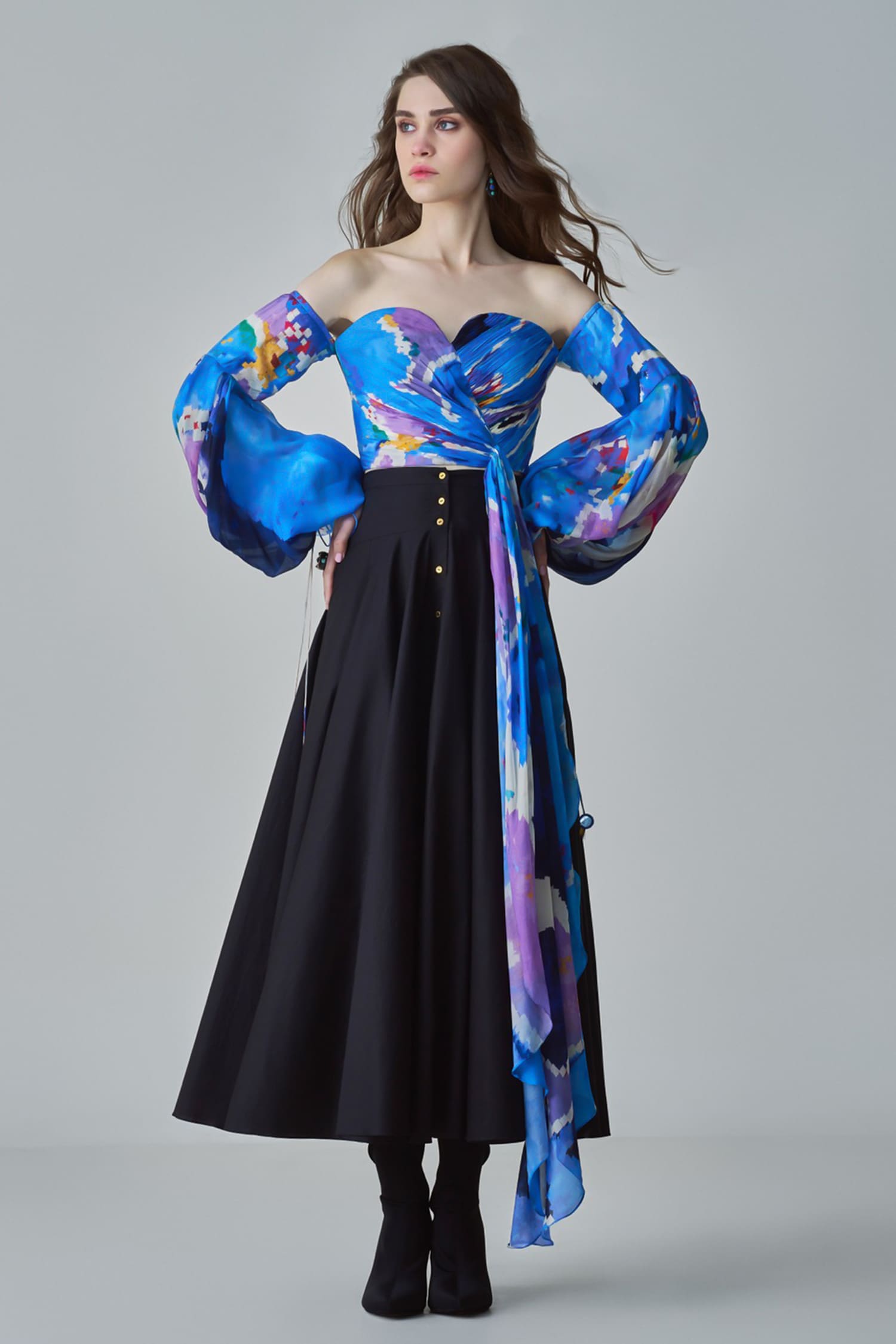 Buy Blue Chiffon Printed Ikat Sweetheart Taloola Top For Women by ...