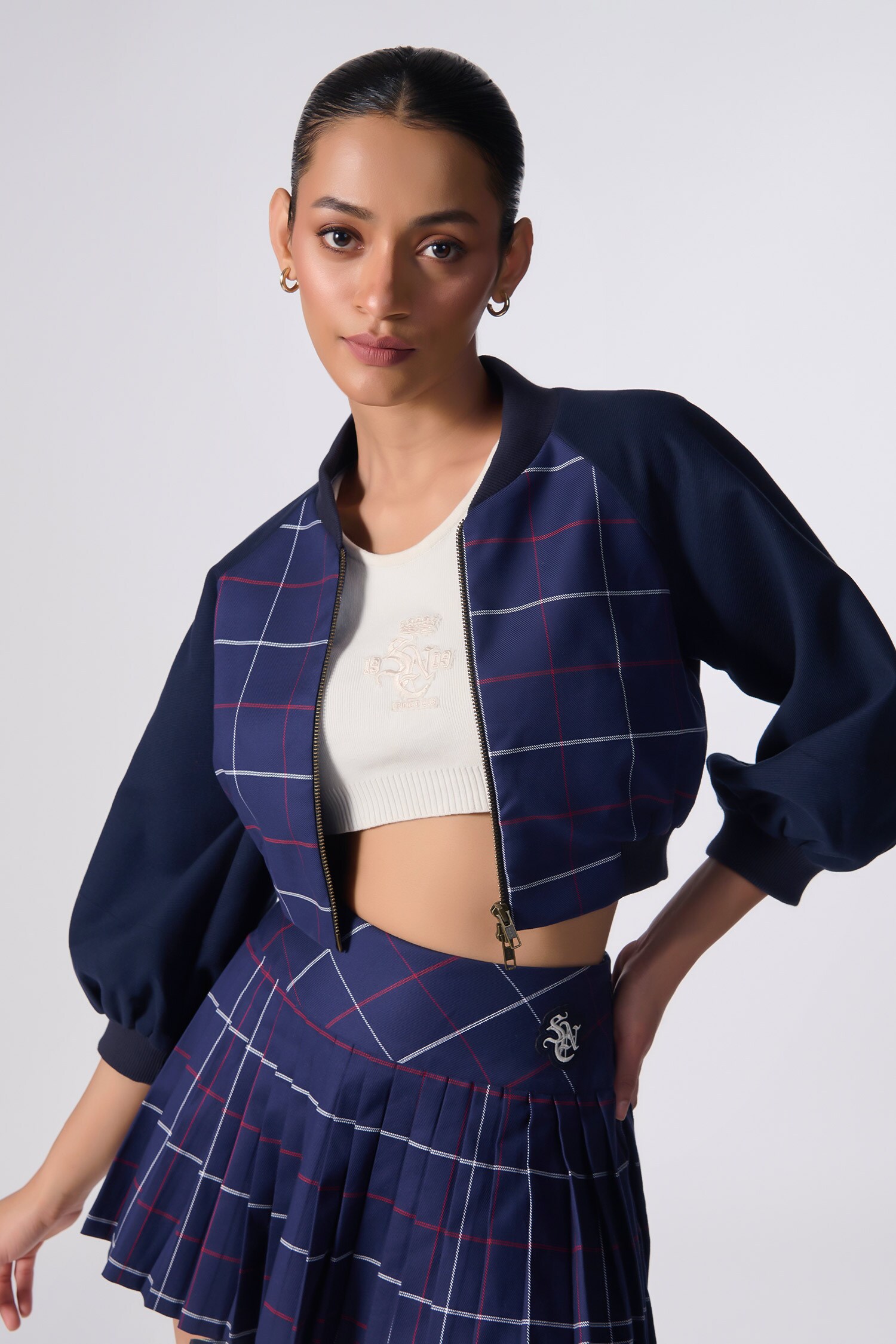 Buy Blue Cotton Print Chequered Collared Neck Varsity Jacket For Women ...