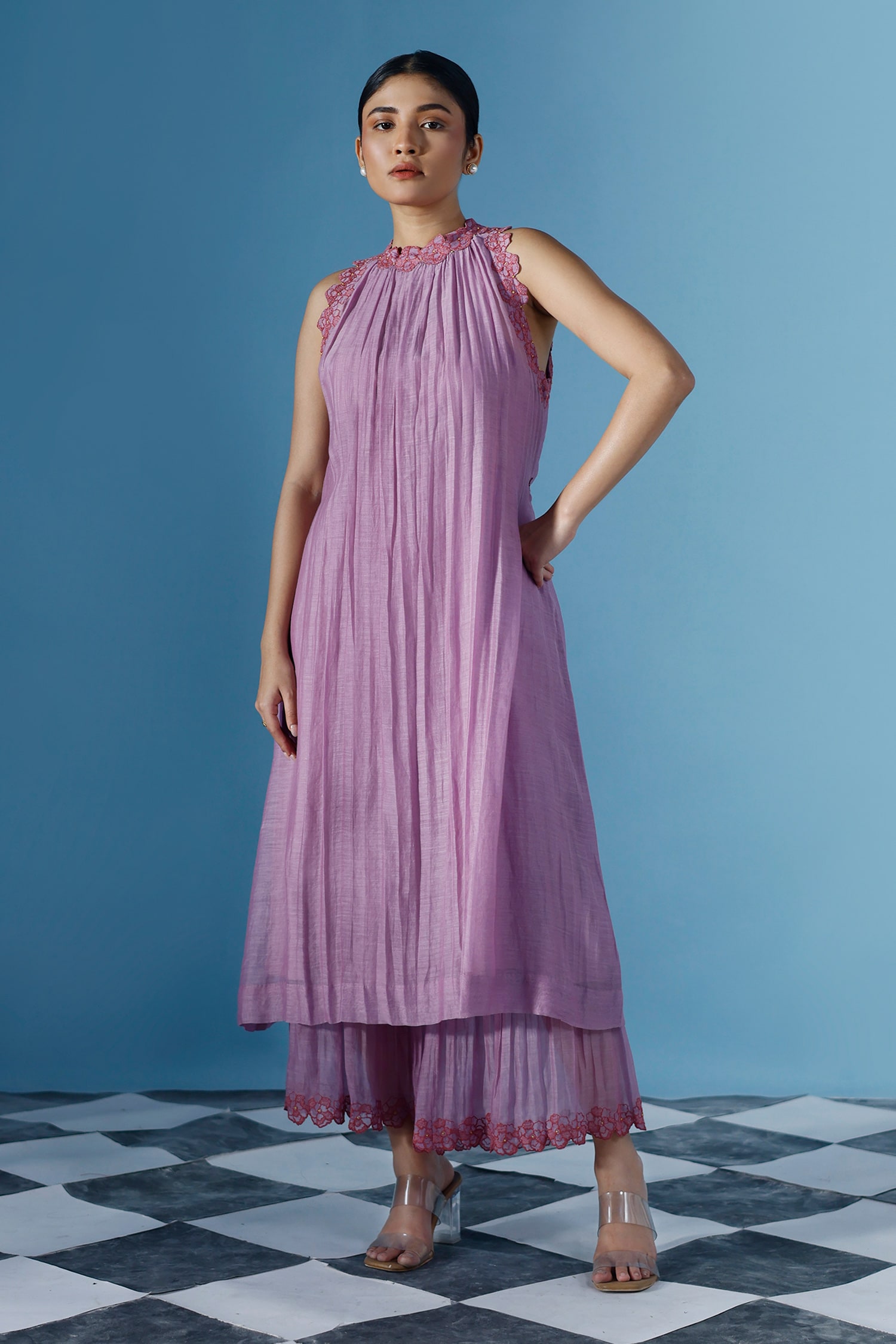 Buy Purple Malai Cotton Embroidery Phool Halter Anfisa Kurta Palazzo ...