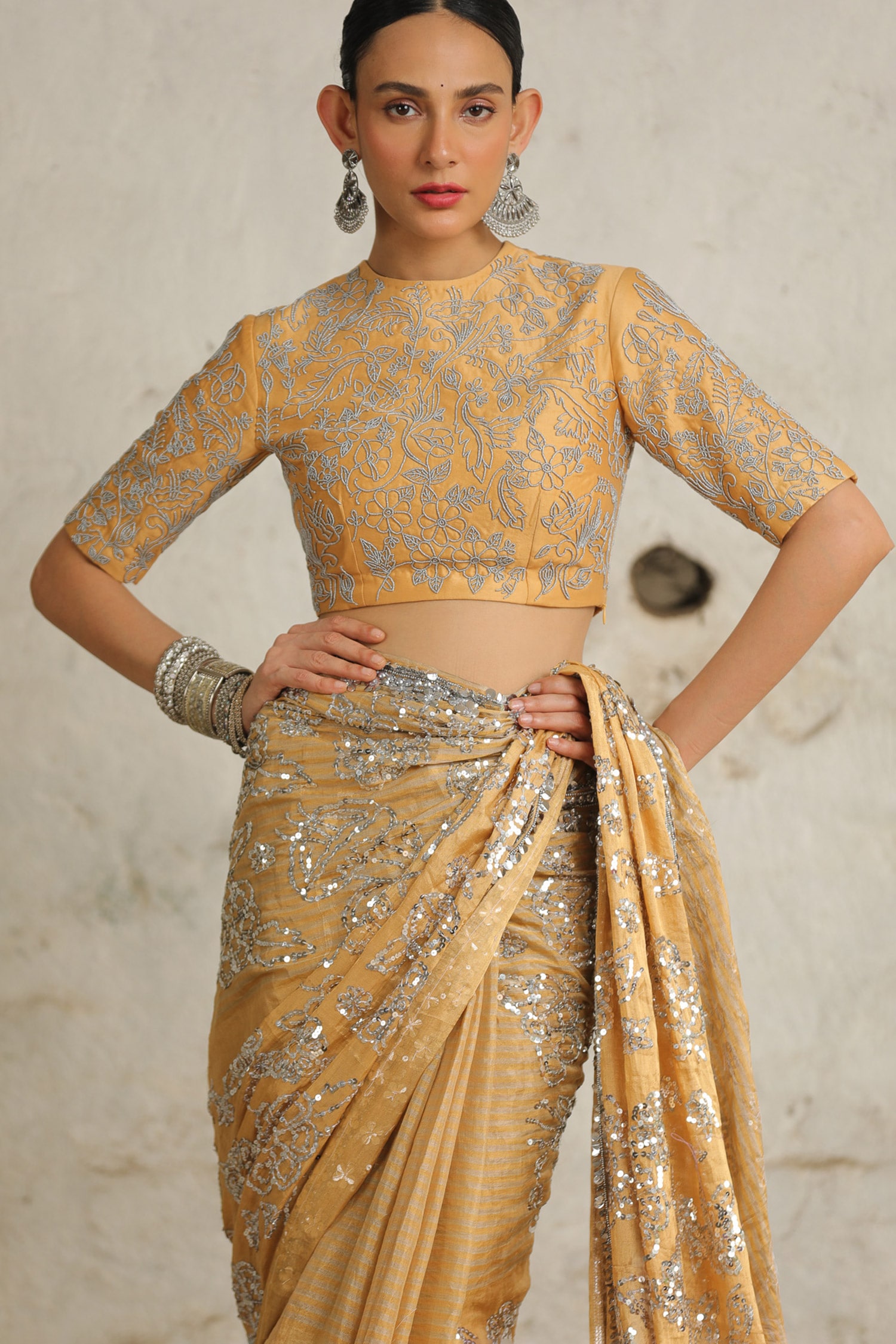 Buy Yellow Chanderi Hand Embroidered Floral Jaal Closed Neck Blouse For ...