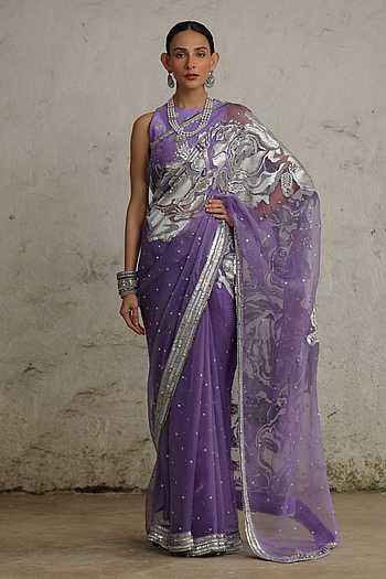 Buy Purple Organza Hand Embroidered Aari Closed Cosmos Saree With ...