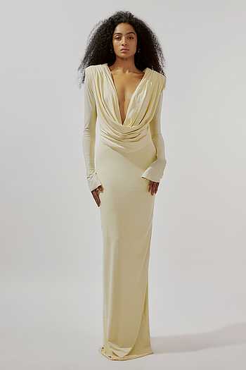 Buy Yellow Malai Lycra Plunge Draped Neck Gown For Women by Deme by ...