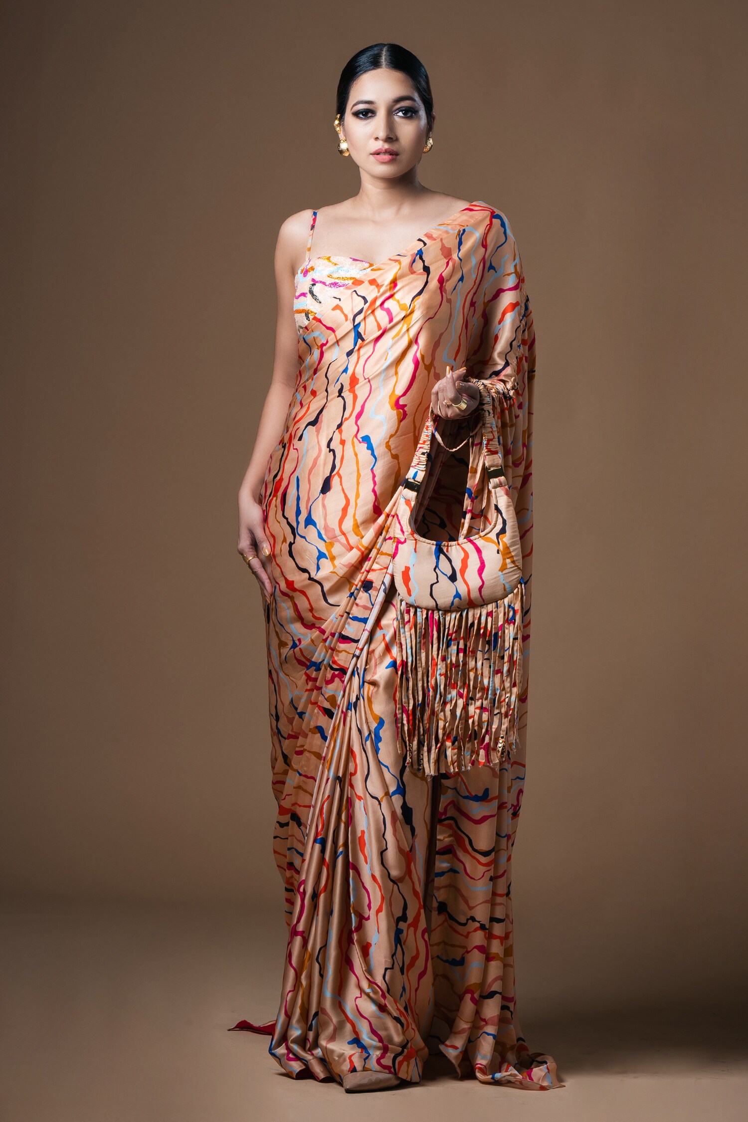 Buy Coral Satin Printed Abstract Straight Saree With Blouse For Women ...