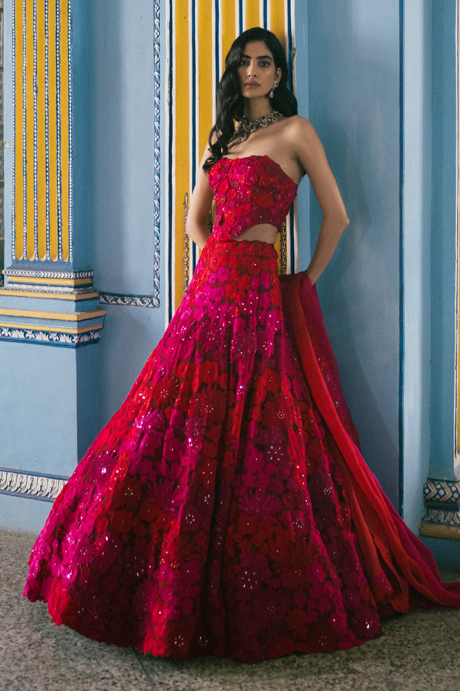 Buy Red Tulle Embroidery Floral Edwina Bridal Lehenga Corset Set For ...