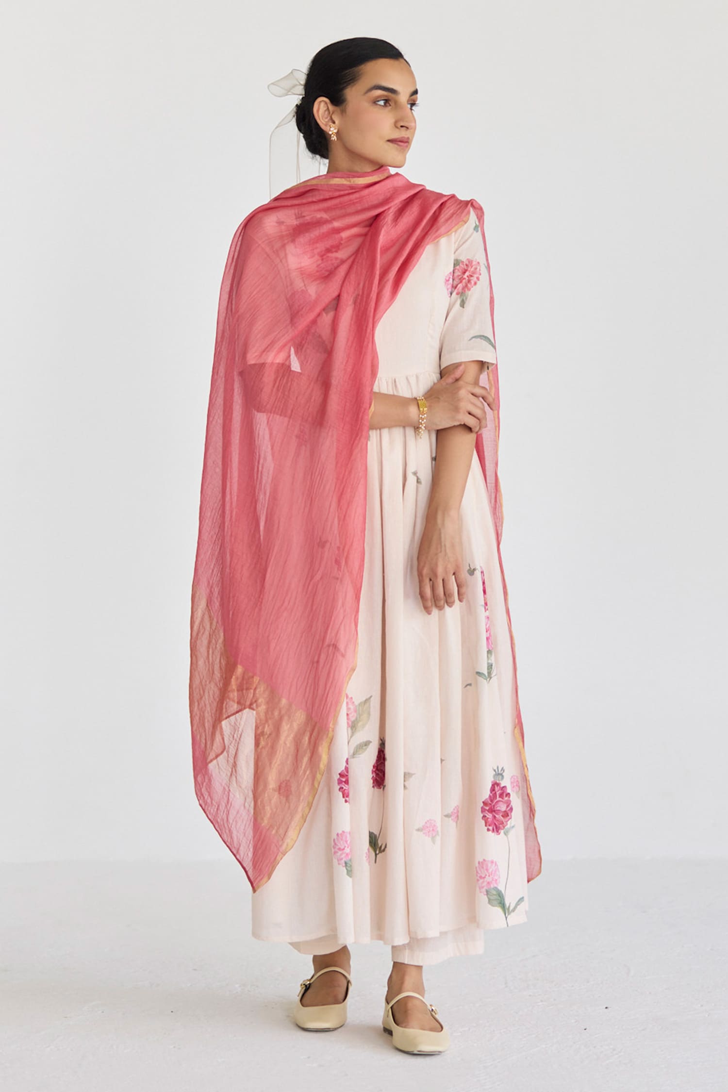 Buy Ivory Handwoven Chanderi Print Dahlia Round Neck Anarkali Set For ...