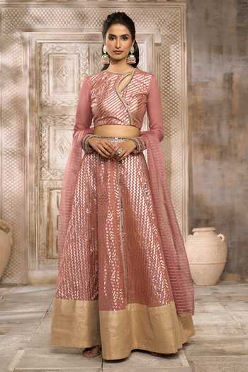 Buy Pink Chanderi Embroidered Chevron Round Pattern Lehenga Set For ...