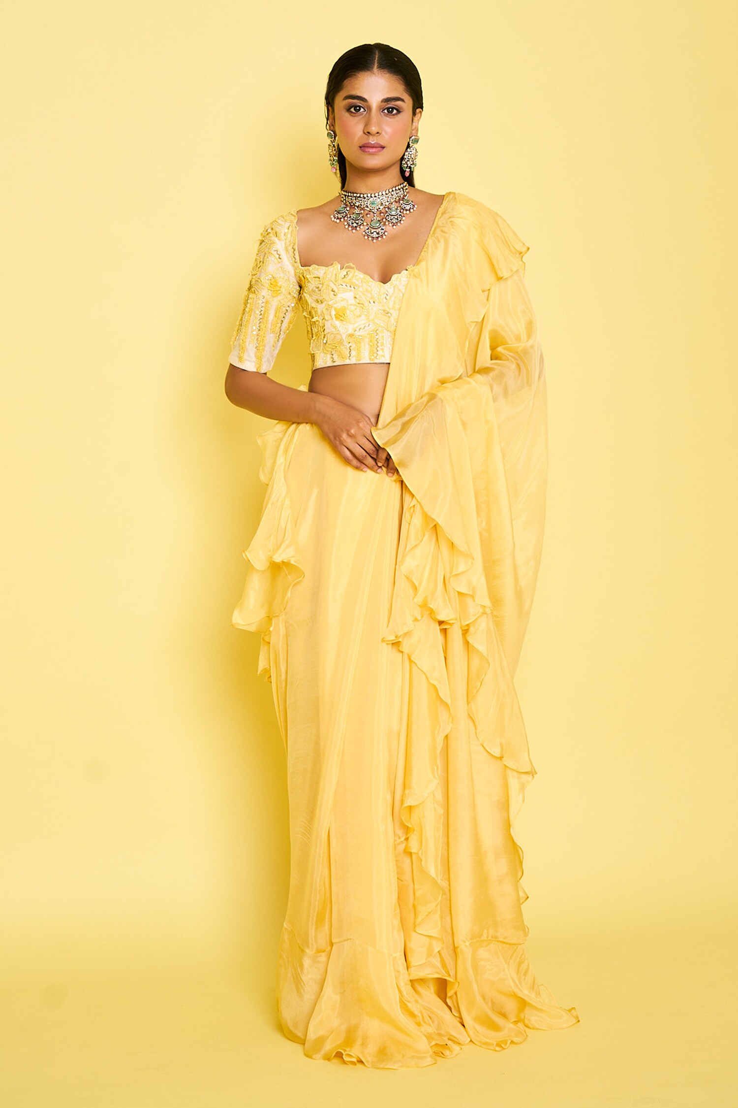 Buy Yellow Silk Embellished Mary Pre-draped Ruffle Saree With Blouse ...
