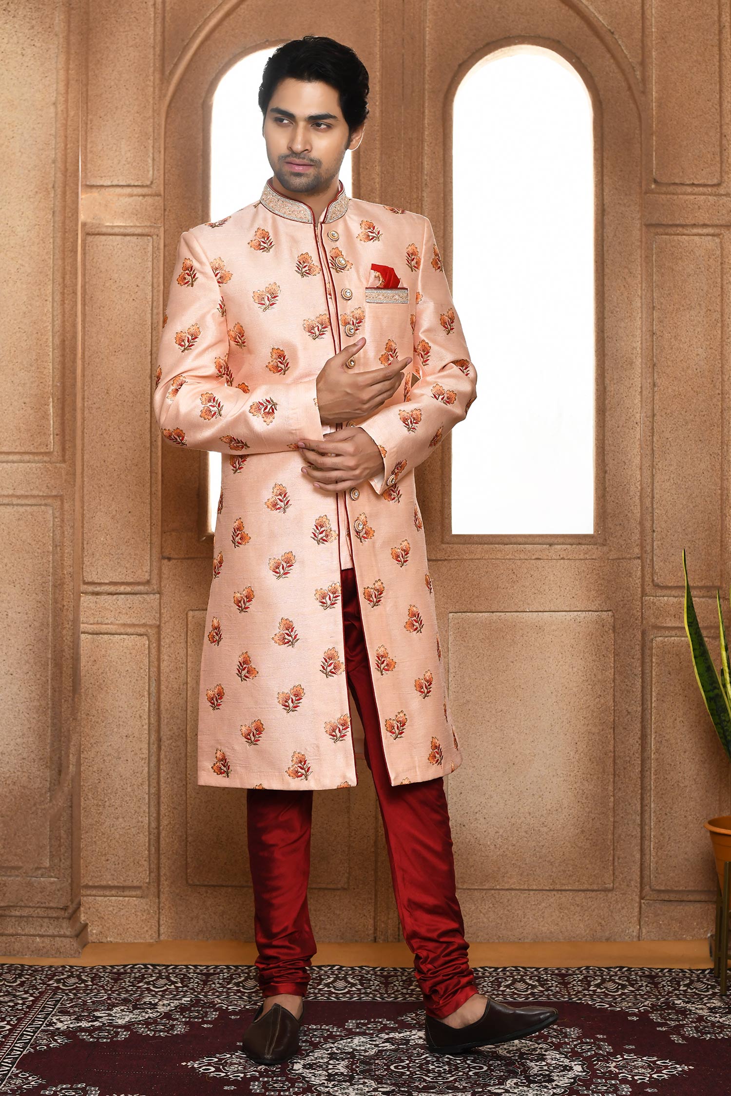 Buy Peach Sherwani Art Silk Embroidery Resham Flower With Churidar For ...