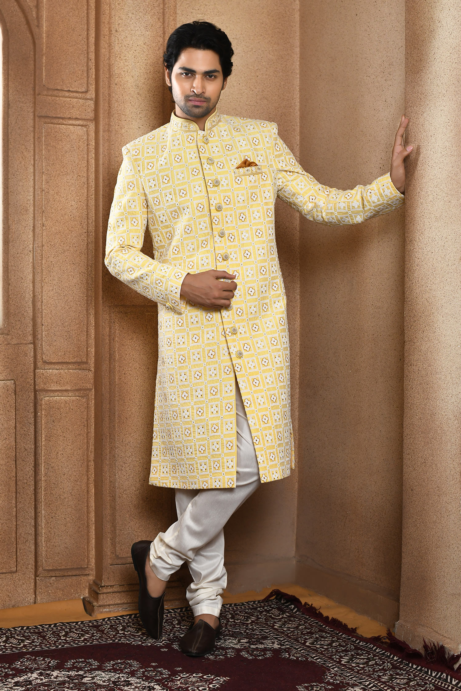Buy Yellow Sherwani Art Silk Embroidery Resham Flower Jaal With ...