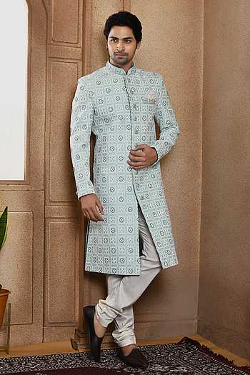 Buy Blue Sherwani Art Silk Embroidery Resham Floral Butti With Churidar ...