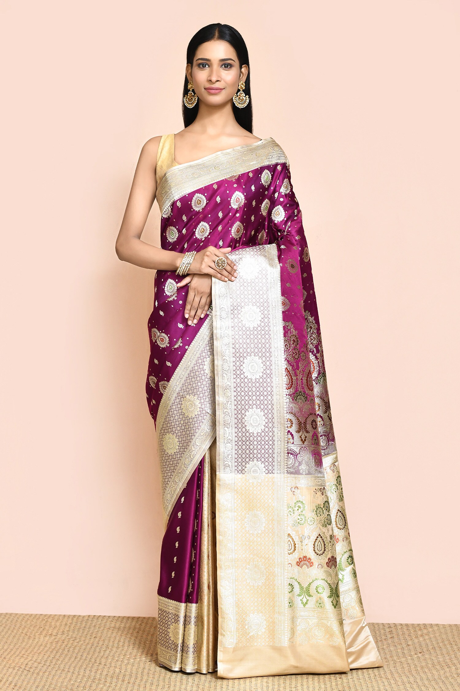 Buy Magenta Katan Satin Flower Butti Pattern Saree With Running Blouse ...