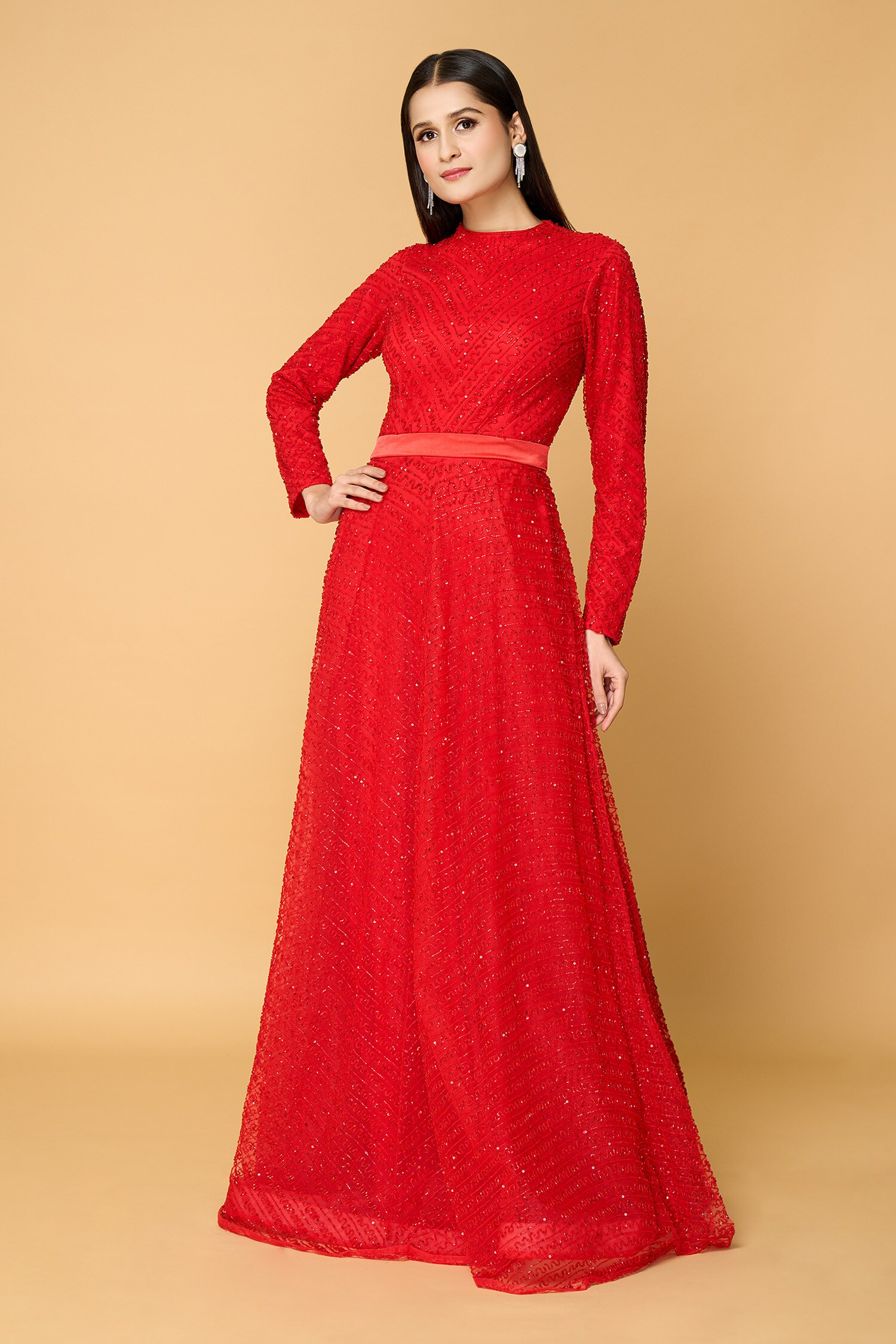 Buy Red Tulle Embroidered Sequin High Shimmer Gown For Women by Khwaab ...