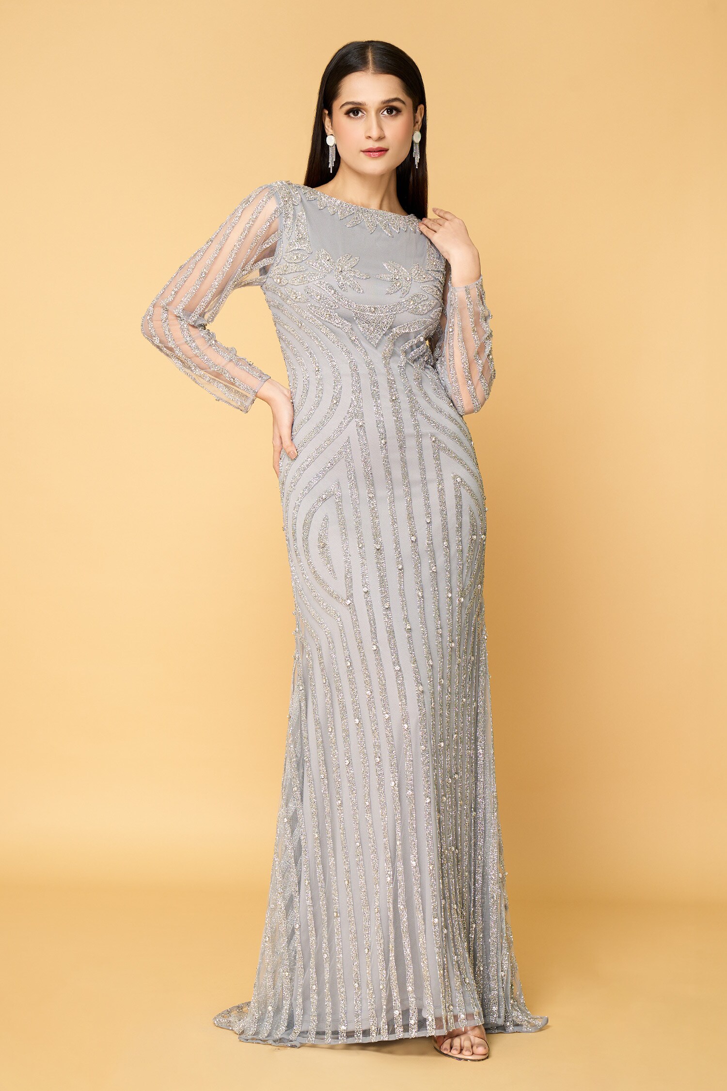 Buy Grey Tulle Embroidered Sequin High Mist Bead Gown For Women by ...