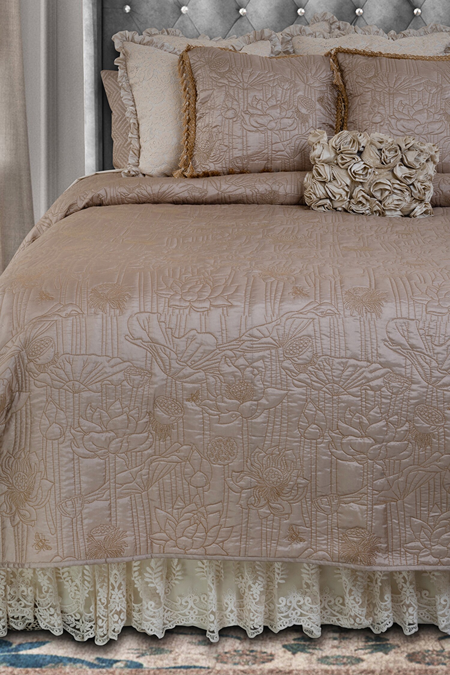 Buy Beige Washable Silk Thread Water Lily Embroidered Bedding Set by ...